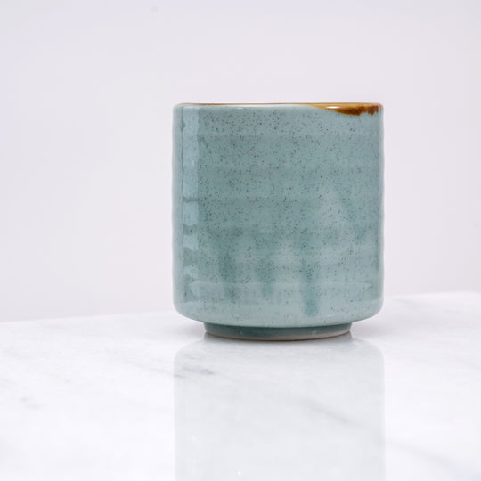 Handcrafted Mino-yaki Japanese Tea Cup with Green Glaze and Brown Rim ...